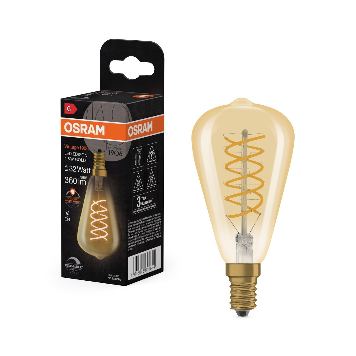 Vintage LED žárovka 1906 Edison 32 Spiral Filament DIM, 4.8W, Teplá bí